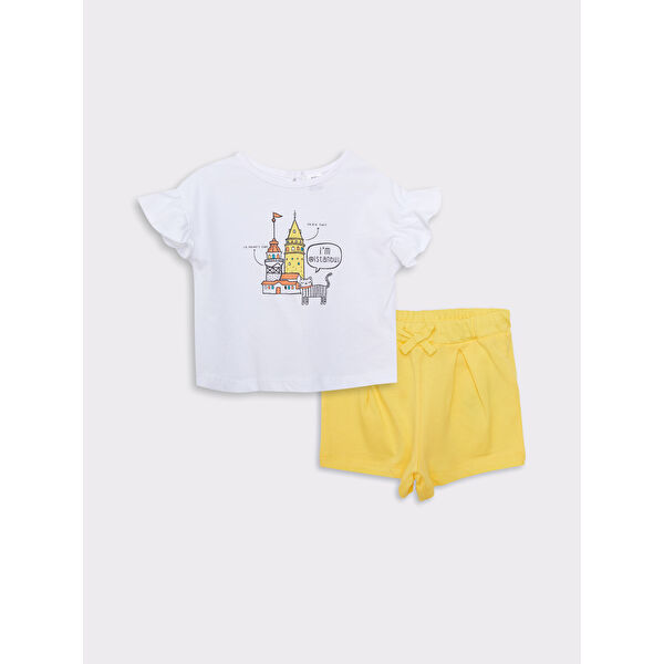 Bisiklet Yaka Kısa Kollu İstanbul Temalı Kız Bebek Tişört ve Şort 2'li Takım