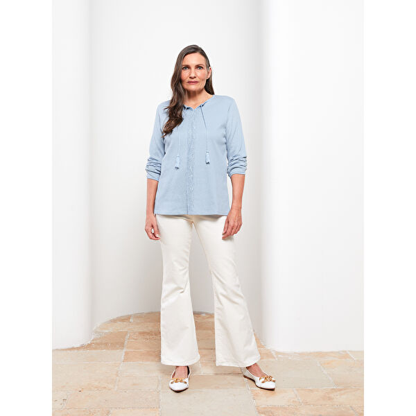 LCW GRACE Bağlamalı Yaka Nakışlı Uzun Kollu Kadın Tişört