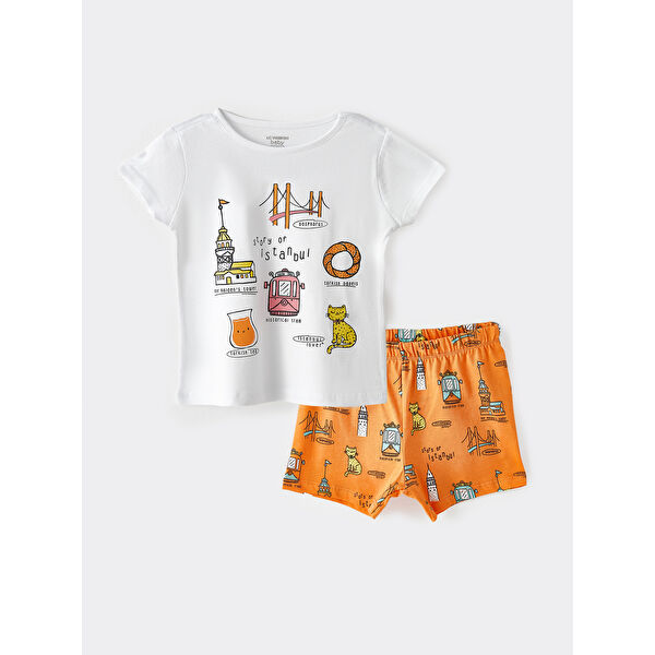 Bisiklet Yaka Kısa Kol Baskılı Pamuklu Kız Bebek Pijama Takımı