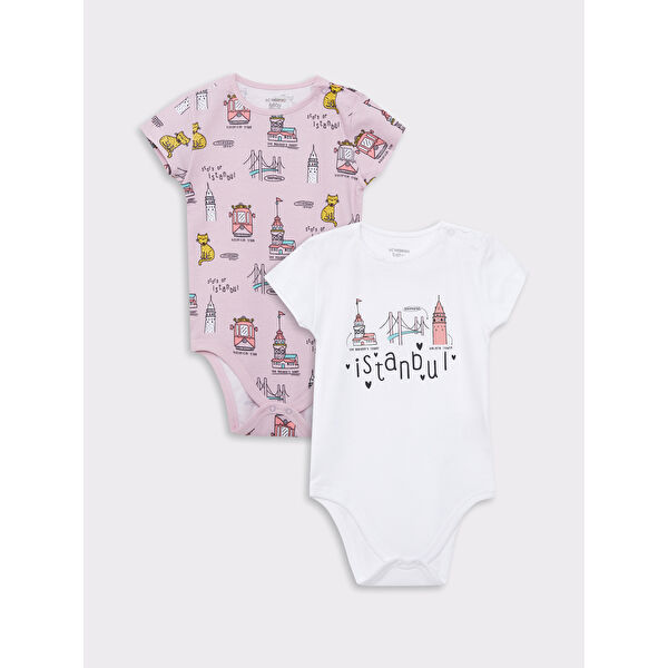 Bisiklet Yaka Kısa Kollu İstanbul Baskılı Kız Bebek Çıtçıtlı Body 2'li