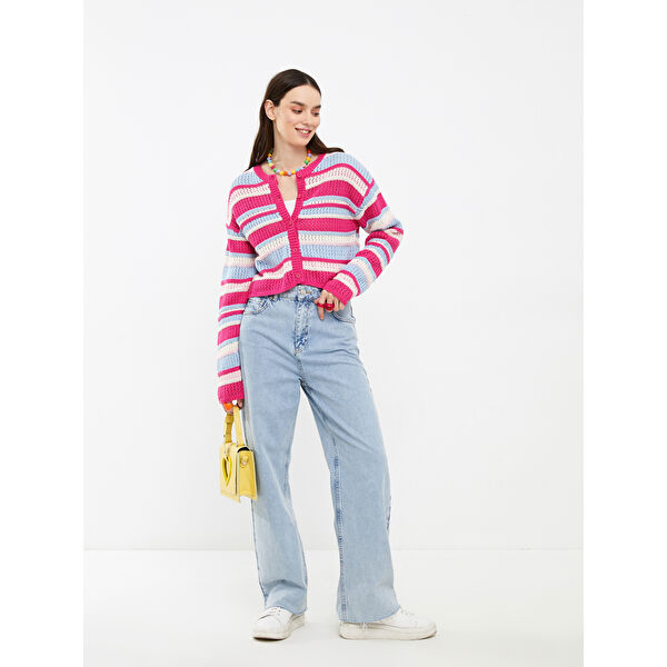 XSIDE Bisiklet Yaka Çizgili Uzun Kollu Kadın Triko Hırka