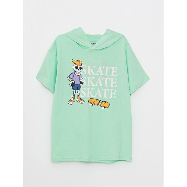 Kapüşonlu Baskılı Kısa Kollu Pamuklu Erkek Çocuk Tişört