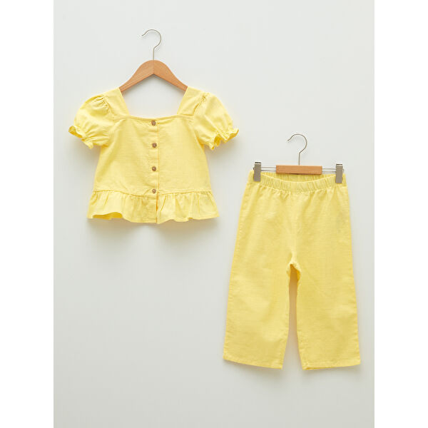Kare Yaka Kısa Kollu Basic Kız Bebek Bluz ve Pantolon 2'li Takım