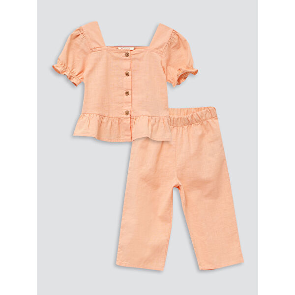 Kare Yaka Kısa Kollu Basic Kız Bebek Bluz ve Pantolon 2'li Takım