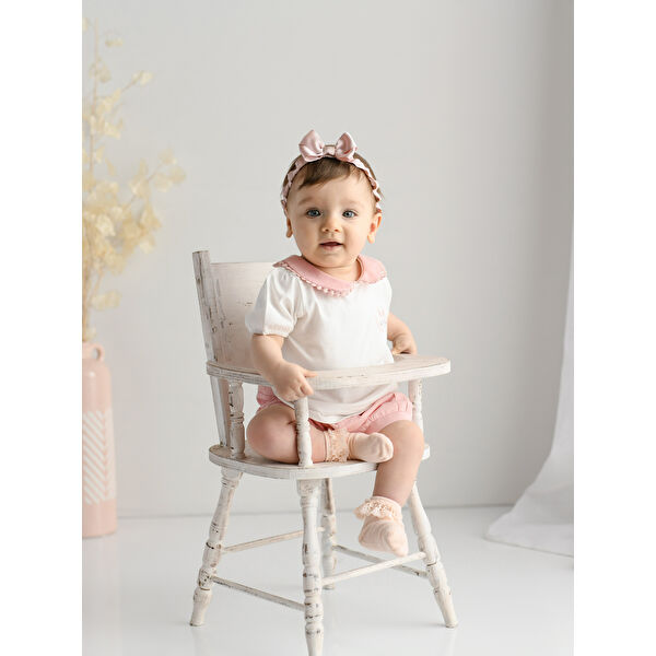 KANZ Bebe Yaka Kısa Kollu Baskılı Pamuklu Kız Bebek Tişört ve Şort 2'li Takım