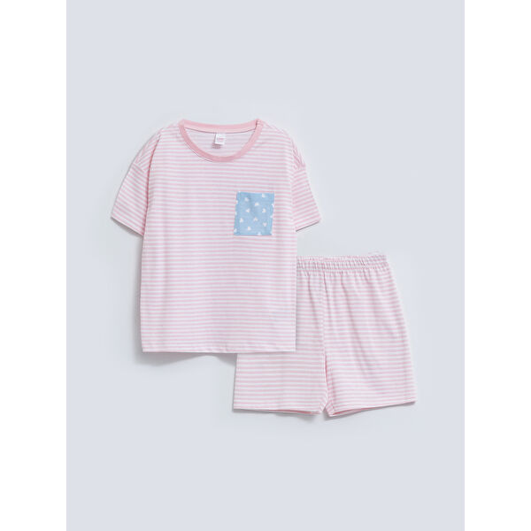 Bisiklet Yaka Çizgili Kısa Kollu Kız Çocuk Şortlu Pijama Takımı