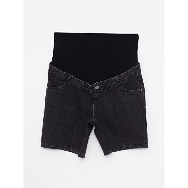 Karın Panelli Standart Fit Düz Cep Detaylı Hamile Rodeo Jean Şort