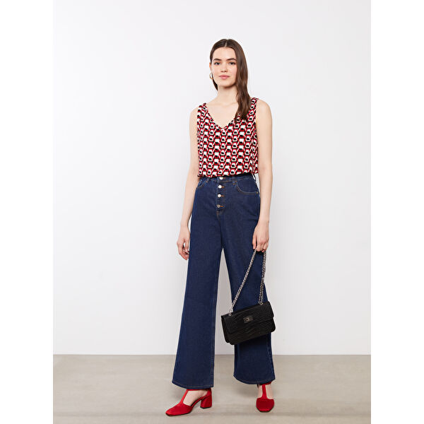 LCW CLASSIC V Yaka Desenli Kolsuz Viskon Kadın Bluz