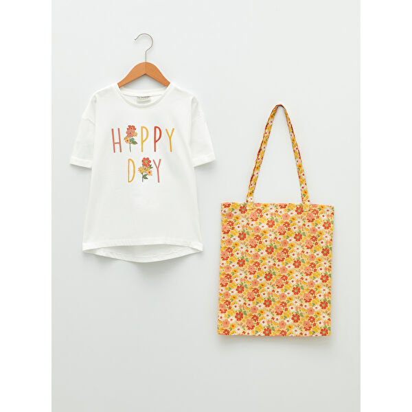 Bisiklet Yaka Baskılı Kısa Kollu Kız Çocuk Tişört ve Bez Çanta