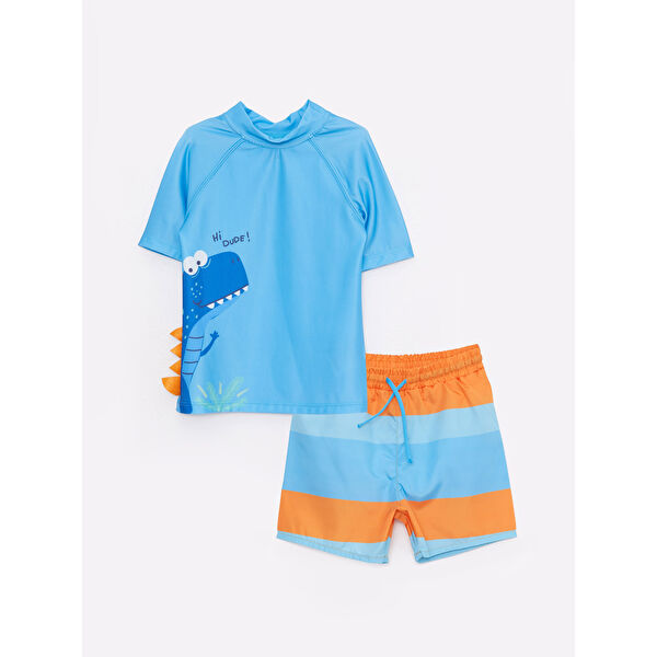 Kısa Kollu Baskılı Erkek Bebek Yüzme Üst ve Şort 2'li Takım