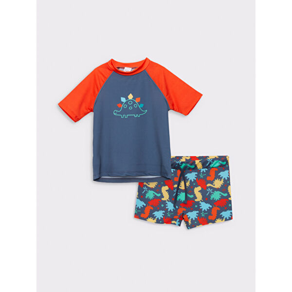 Bisiklet Yaka Kısa Kollu Baskılı Erkek Bebek Yüzme Giysisi 2'li