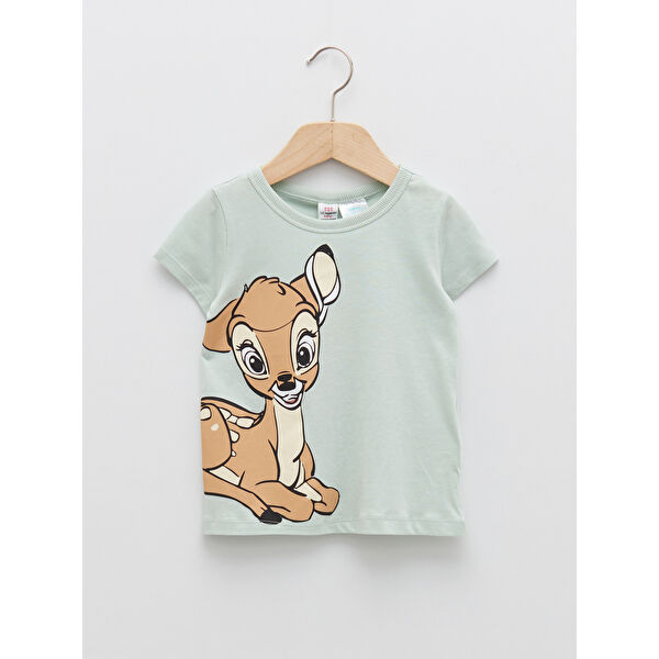 Bisiklet Yaka Kısa Kollu Bambi Baskılı Pamuklu Kız Bebek Tişört