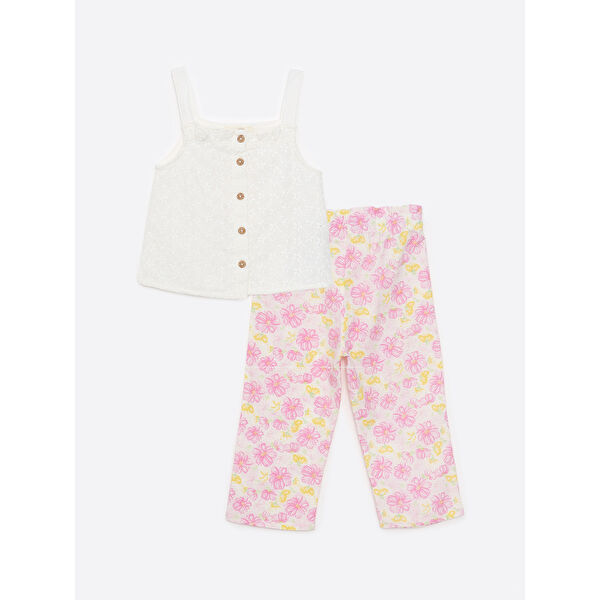 Kare Yaka Askılı Kız Bebek Bluz ve Pantolon 2'li Takım