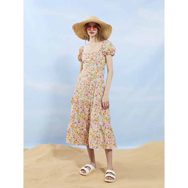 XSIDE U Yaka Çiçekli Balon Kollu Poplin Kadın Elbise