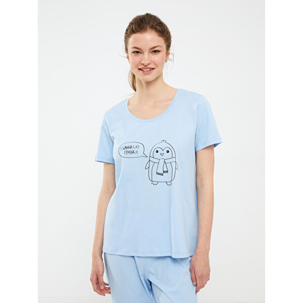 Bisiklet Yaka Baskılı Kısa Kollu Pamuklu Kadın Pijama Takımı