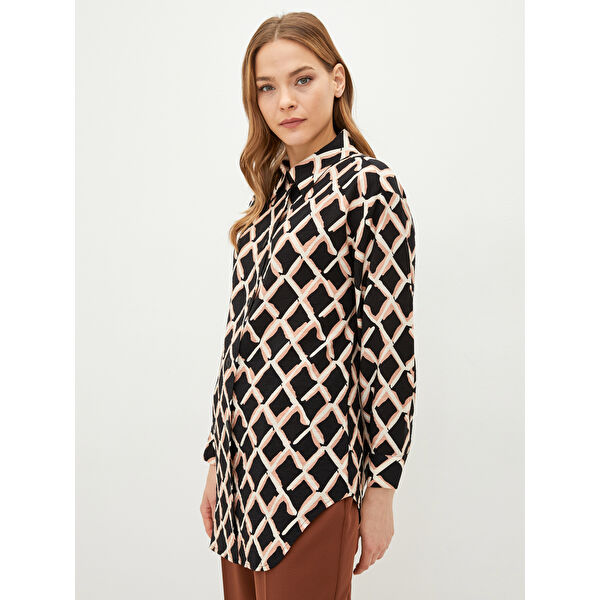 LCW CLASSIC Önden Düğme Kapamalı Desenli Uzun Kollu Kadın Gömlek Elbise