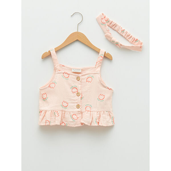 Kare Yaka Baskılı Askılı Pamuklu Kız Çocuk Bluz ve Saç Bandı