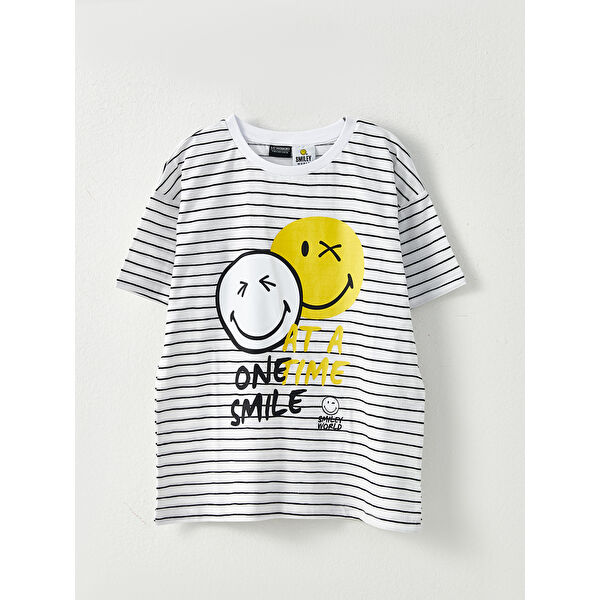 Bisiklet Yaka Emoji Baskılı Kısa Kollu Pamuklu Erkek Çocuk Tişört