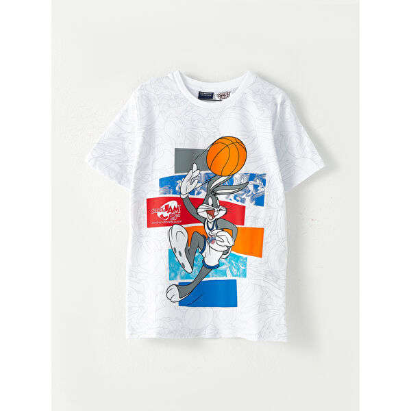 Bisiklet Yaka Bugs Bunny Baskılı Kısa Kollu Pamuklu Erkek Çocuk Tişört