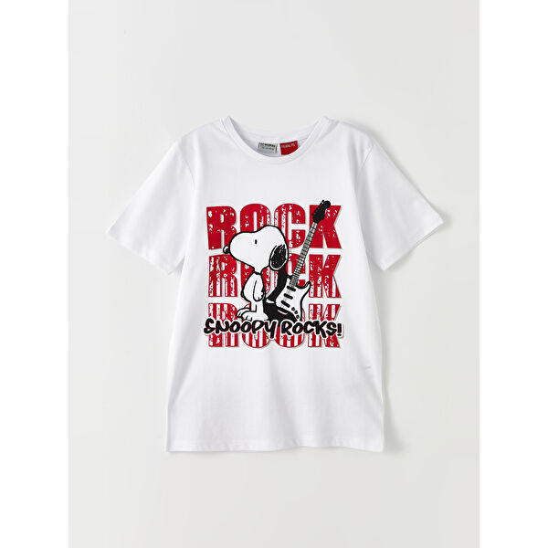 Bisiklet Yaka Snoopy Baskılı Kısa Kollu Pamuklu Erkek Çocuk Tişört