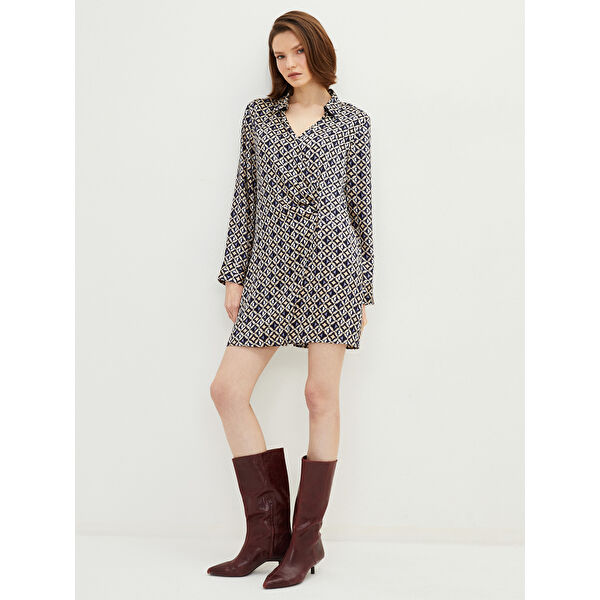 Kruvaze Yaka Desenli Uzun Kollu Kadın Saten Elbise