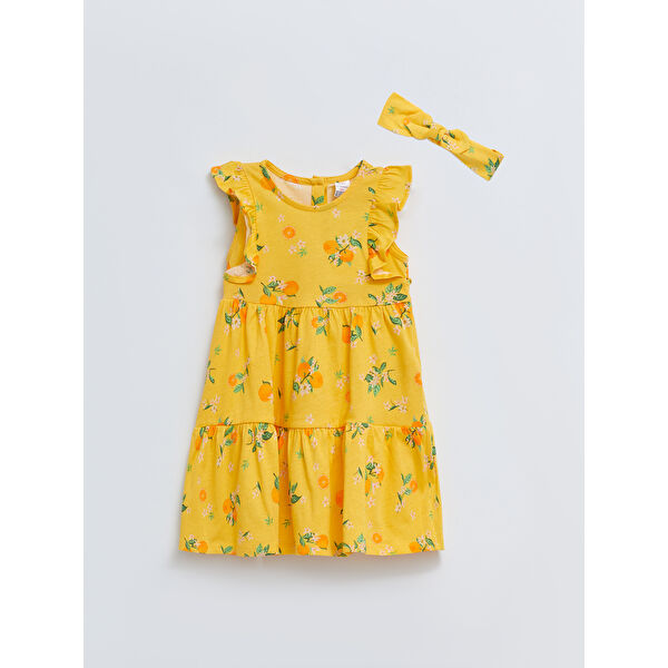 Bisiklet Yaka Baskılı Kız Bebek Elbise ve Saç Bandı 2'li Takım