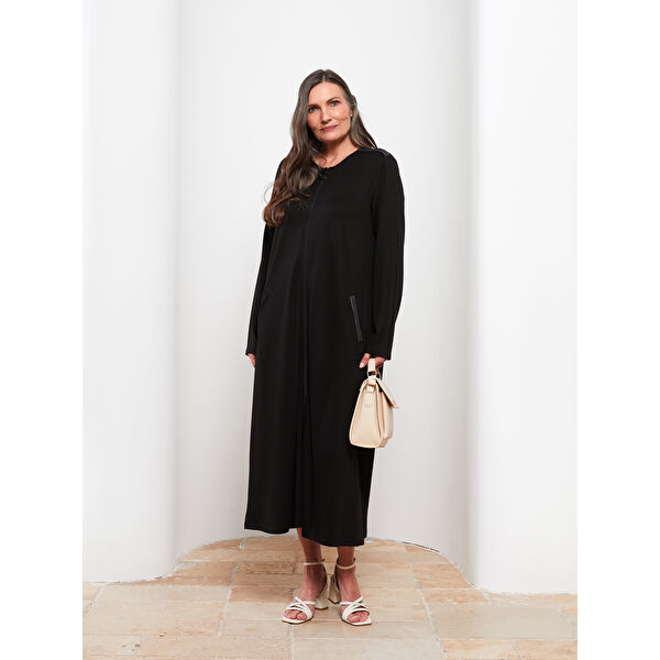 Bisiklet Yaka Nakışlı Uzun Kollu Kadın Ferace