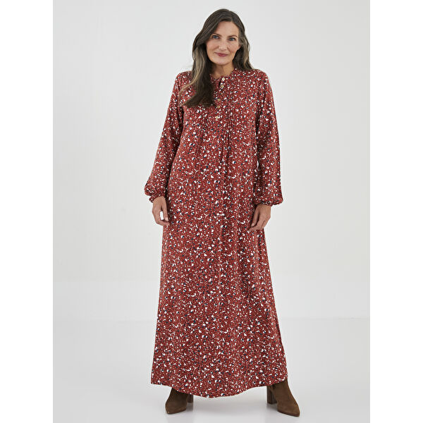 LCW GRACE Bisiklet Yaka Desenli Uzun Kollu A Kesim Viskon Kadın Elbise