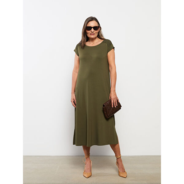 LCW GRACE Bisiklet Yaka Nakışlı Kısa Kollu A Kesim Kadın Elbise