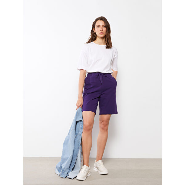 Beli Lastikli Düz Cep Detaylı Pamuklu Kadın Bermuda Şort