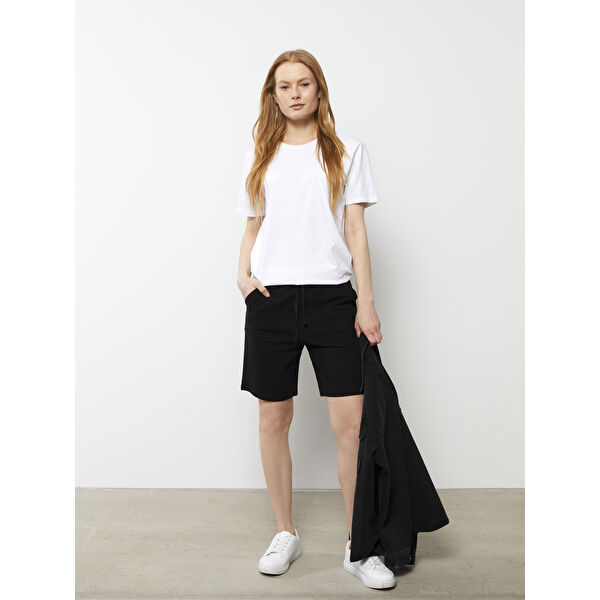 Beli Lastikli Düz Cep Detaylı Pamuklu Kadın Bermuda Şort