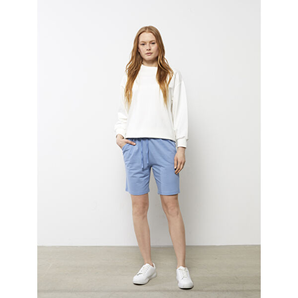 Beli Lastikli Düz Cep Detaylı Pamuklu Kadın Bermuda Şort