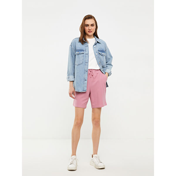 Beli Lastikli Düz Cep Detaylı Pamuklu Kadın Bermuda Şort