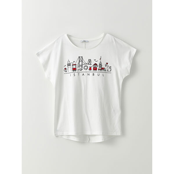 Bisiklet Yaka Yazı Baskılı Kısa Kollu Pamuklu Kadın Tişört Bisiklet Yaka Yazı Baskılı Kısa Kollu Pamuklu Kadın Tişört