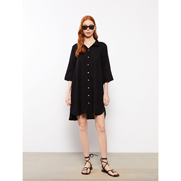 Gömlek Yaka Çizgili Uzun Kollu Viskon Kadın Plaj Elbisesi