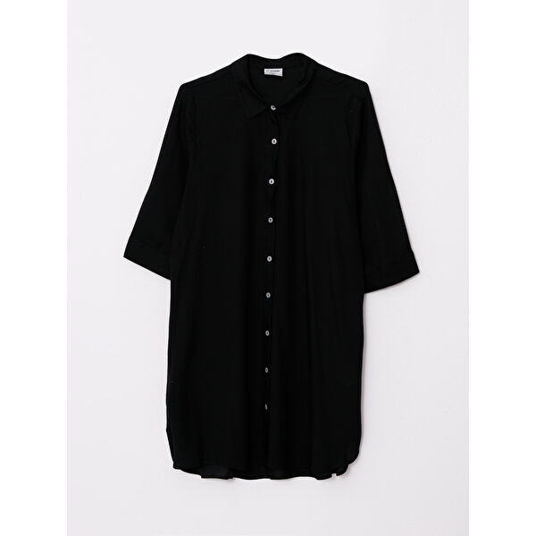 Gömlek Yaka Çizgili Uzun Kollu Viskon Kadın Plaj Elbisesi