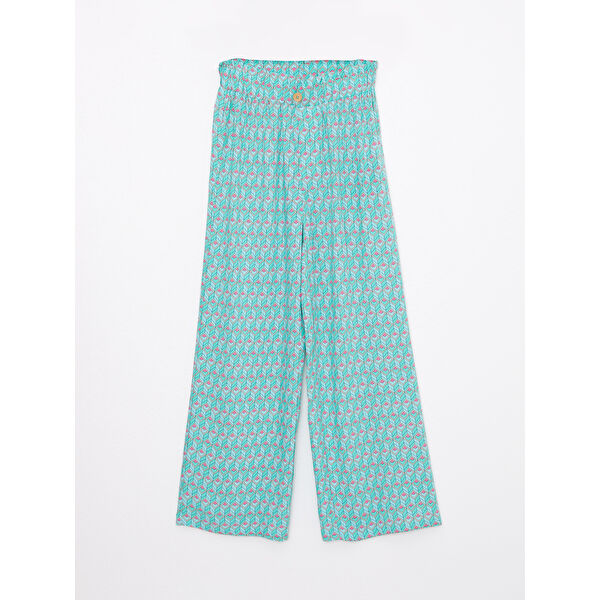 Beli Lastikli Desenli Geniş Paça Viskon Kız Çocuk Pantolon