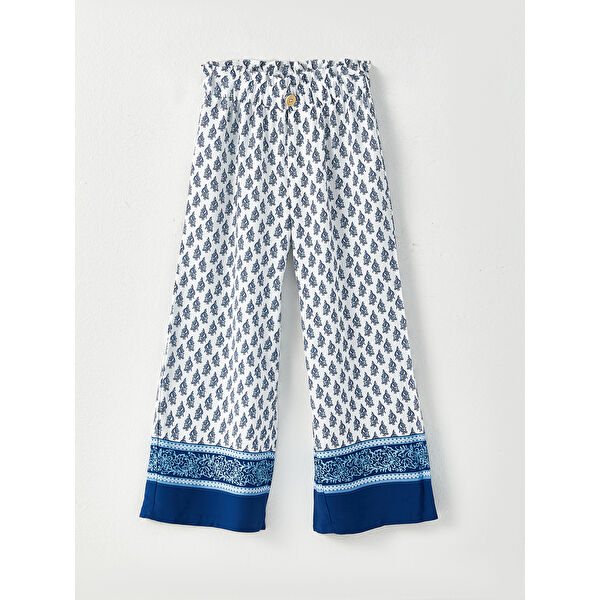 Beli Lastikli Desenli Geniş Paça Viskon Kız Çocuk Pantolon