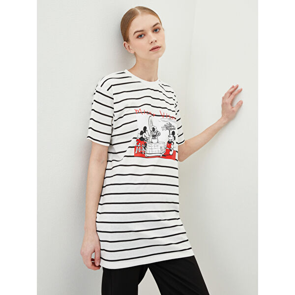MODEST Bisiklet Yaka Çizgili Mickey Mouse Baskılı Kısa Kollu Kadın Tunik