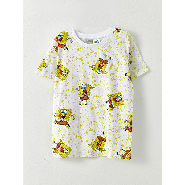 Bisiklet Yaka Sünger Bob Baskılı Kısa Kollu Pamuklu Erkek Çocuk Tişört