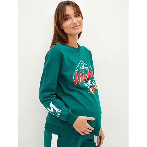 Bisiklet Yaka Mickey Mouse Baskılı Uzun Kollu Hamile Sweatshirt