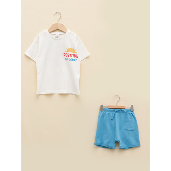 Bisiklet Yaka Kısa Kollu Baskılı Organik Pamuklu Erkek Bebek Tişört ve Şort 2'li Takım