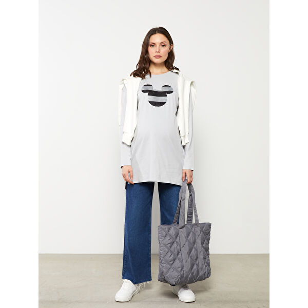 Bisiklet Yaka Mickey Mouse İşlemeli Uzun Kollu Pamuklu Hamile Tunik