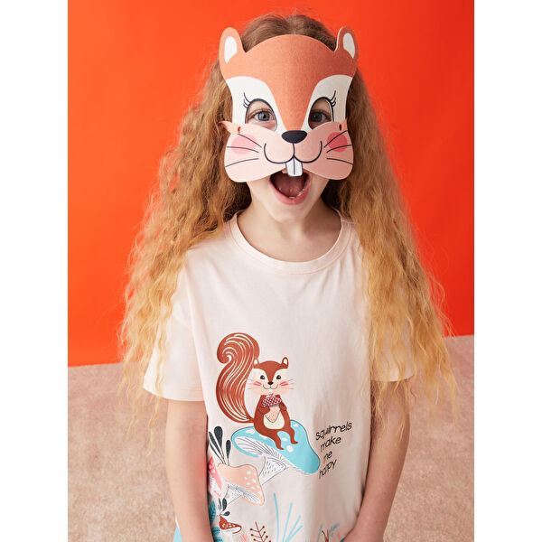 Bisiklet Yaka Baskılı Kısa Kollu Kız Çocuk Şortlu Pijama Takımı ve Maske