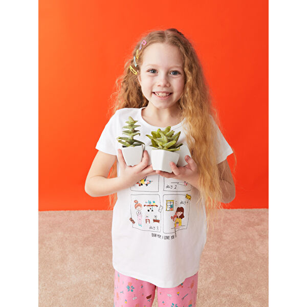 Bisiklet Yaka Baskılı Kısa Kollu Kız Çocuk Pijama Takımı ve Defter