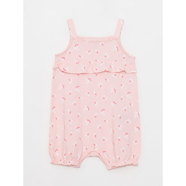 Kare Yaka Askılı Baskılı Pamuklu Kız Bebek Tulum