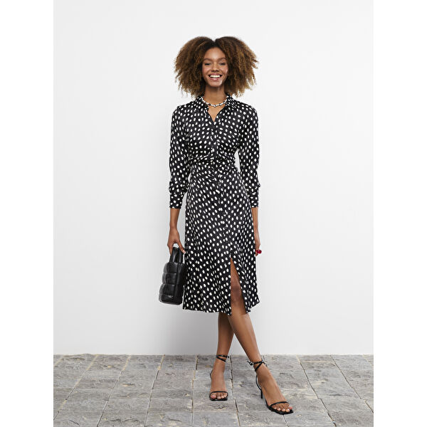 LCW CASUAL Gömlek Yaka Desenli Uzun Kollu Viskon Kadın Elbise