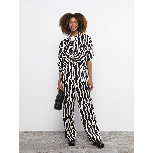 LCW CASUAL Önden Düğme Kapamalı Desenli Uzun Kollu Saten Kadın Gömlek