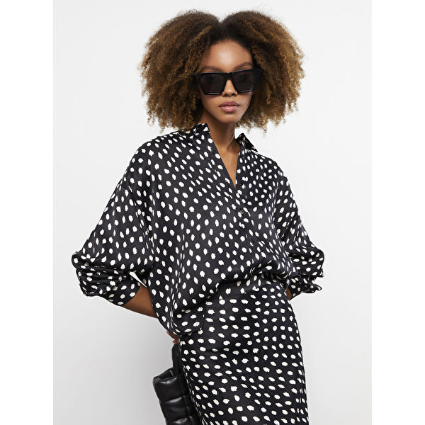 LCW CASUAL Önden Düğme Kapamalı Desenli Uzun Kollu Saten Kadın Gömlek