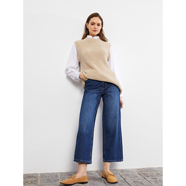 MODEST Standart Fit Düz Cep Detaylı Geniş Paça Kadın Rodeo Jean Pantolon